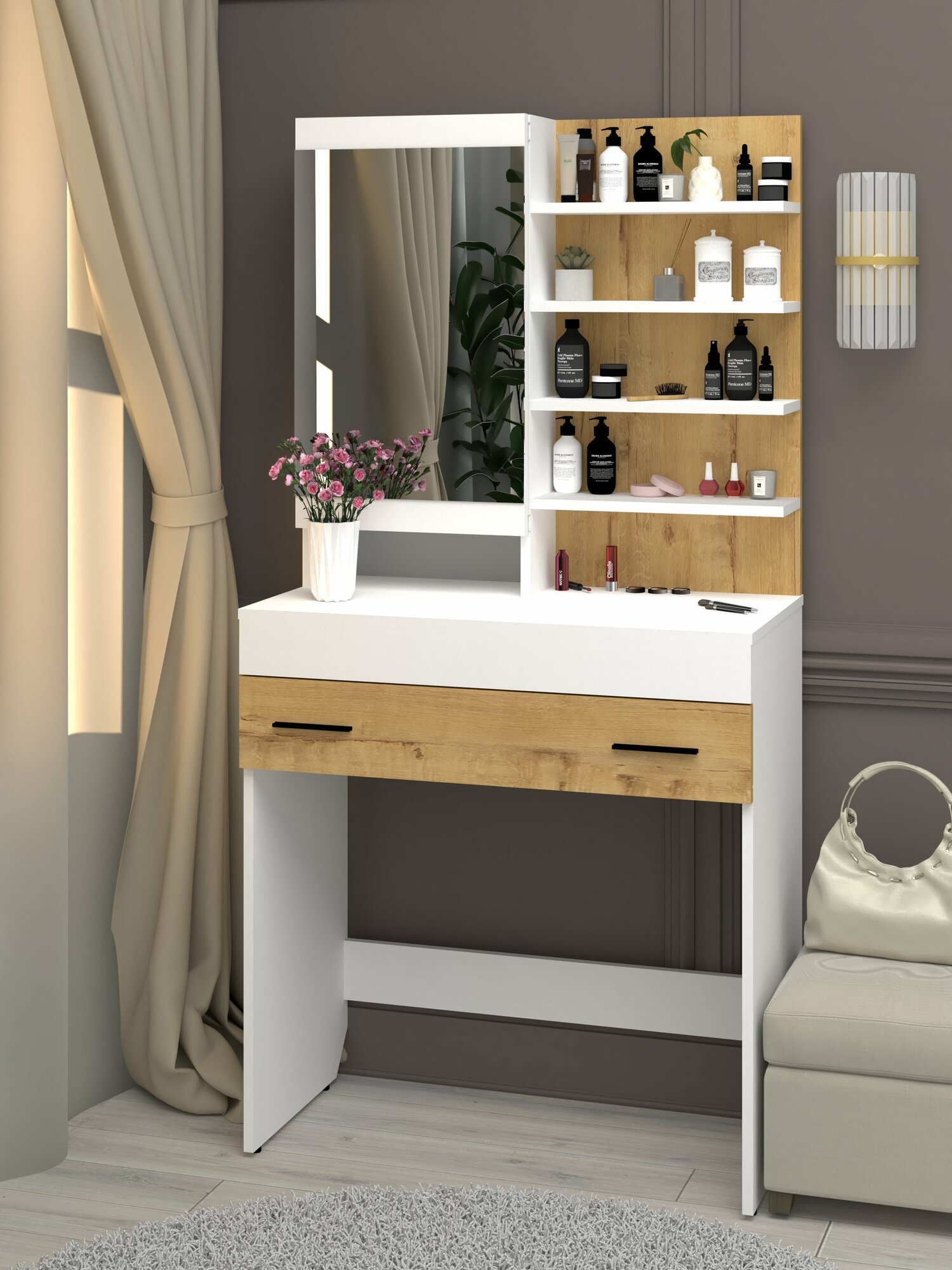 Есэндвич Депо-5 Косметический столик с зеркалом 80х160х40 см (Белый/Дуб бунратти) с полками, с ящиком