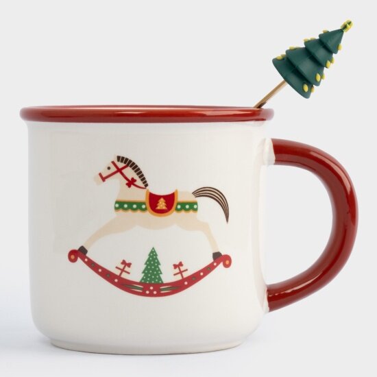 Кружка Anna Lafarg Bright horse Елка/Лошадка-качалка 470 мл, с ложкой, красный (ANLAF-NY-1105)