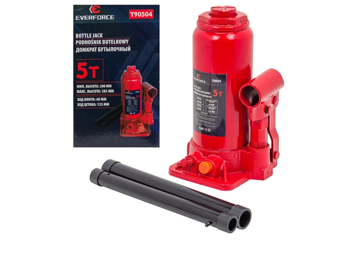 Домкрат бутылочный EverForce 5т, с клапаном, гидравлический, красный