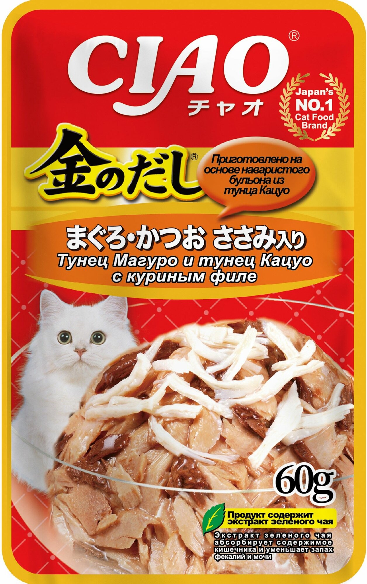 Влажный корм для кошек INABA, CIAO Kinnodashi, тунцы Магуро и Кацуо, куриное филе, 60гр*6шт