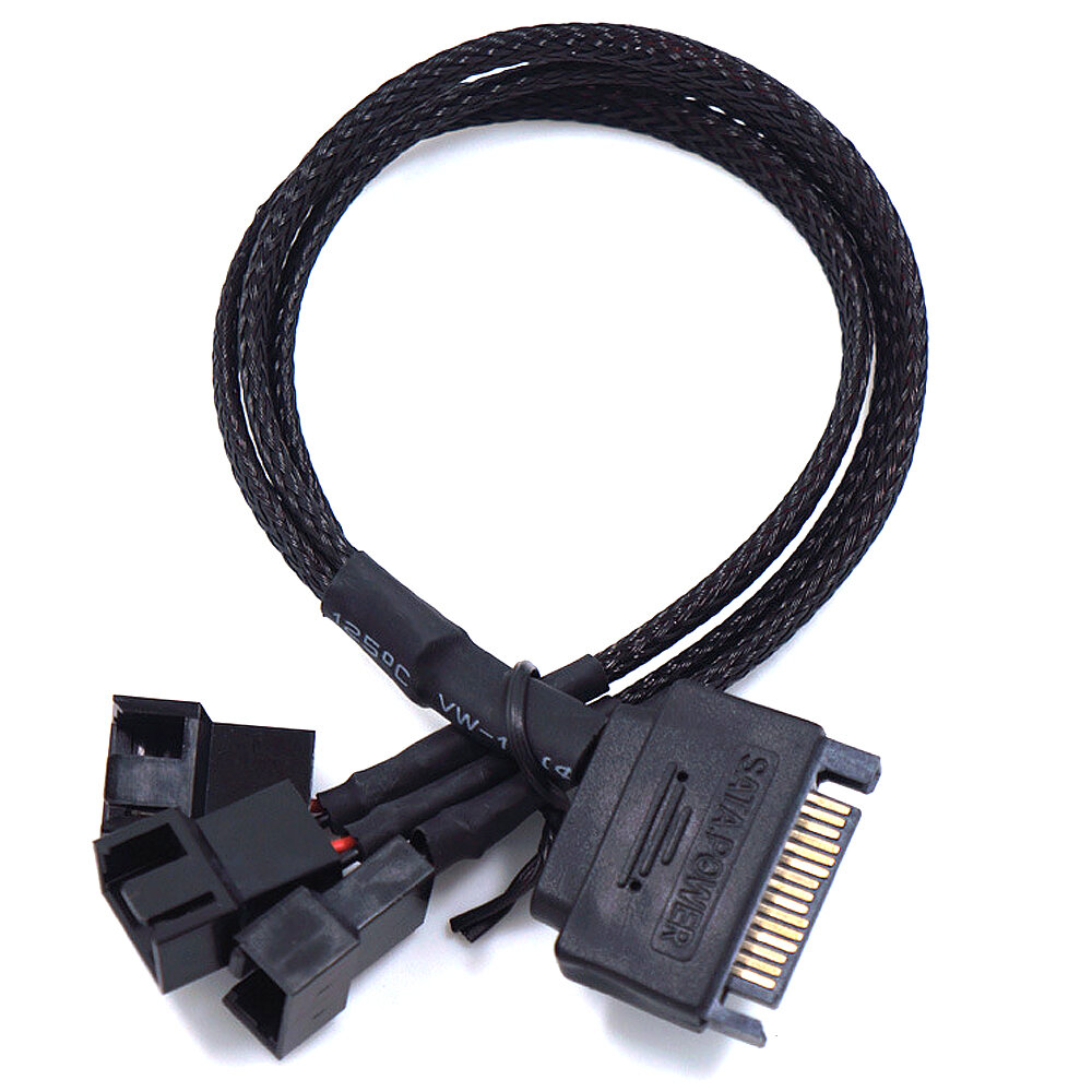 Кабель SATA to 4PIN для компьютерного вентилятора, совместимый с 3pin/4pin, интерфейсы 1*SATA 4*4PIN, материал PVC, расширение порта для подключения четырех вентиляторов к одному порту