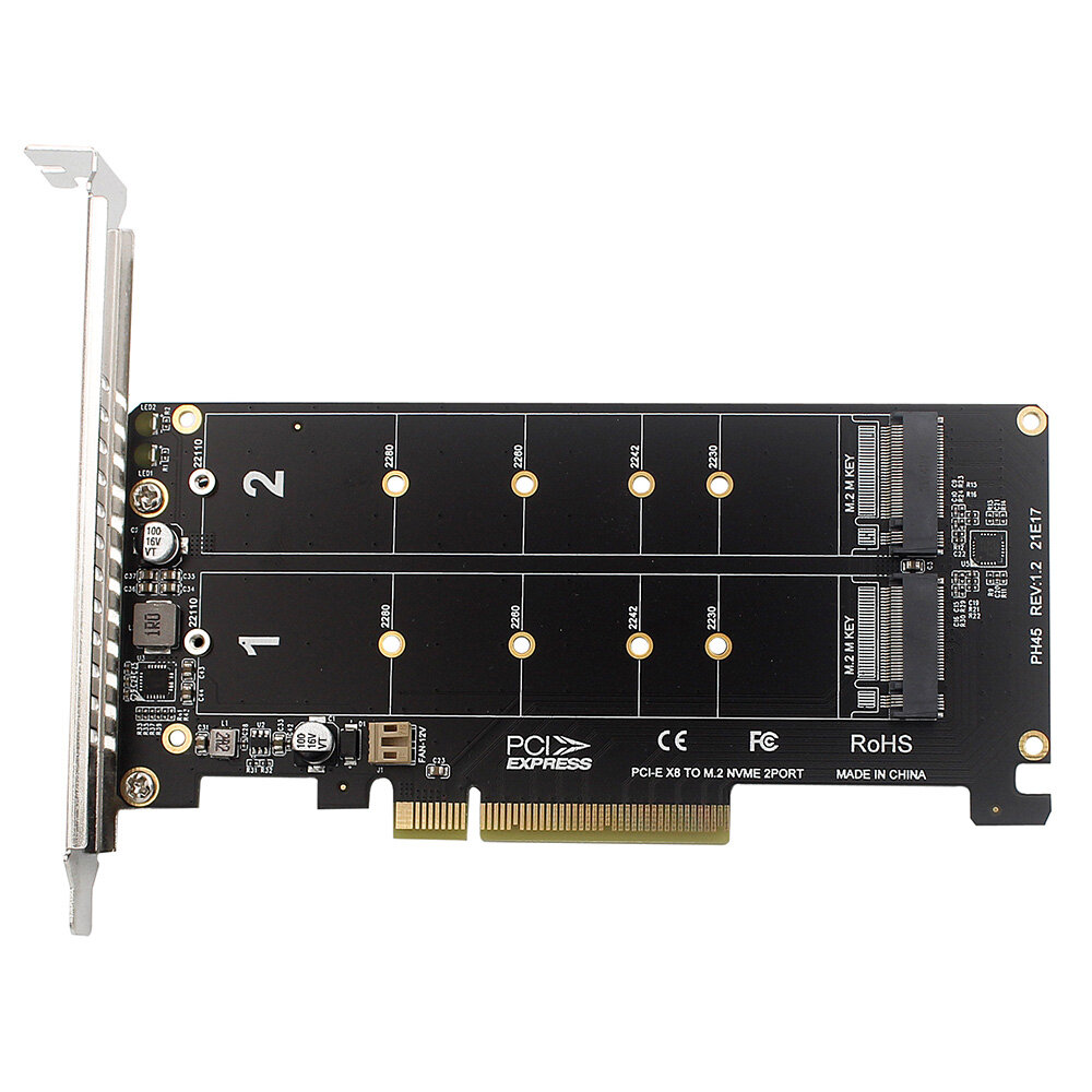 Адаптерная плата M.2 NVME на PCI-E X8 с двойным интерфейсом M-Key, поддерживающая SSD M.2 размеров 2230/2242/2260/2280/22110, комплект включает 1 адаптерную плату, 1 бaffle, 1 пакет винтов, 1 отвертку, размер изделия 14.3*6.8*2 см