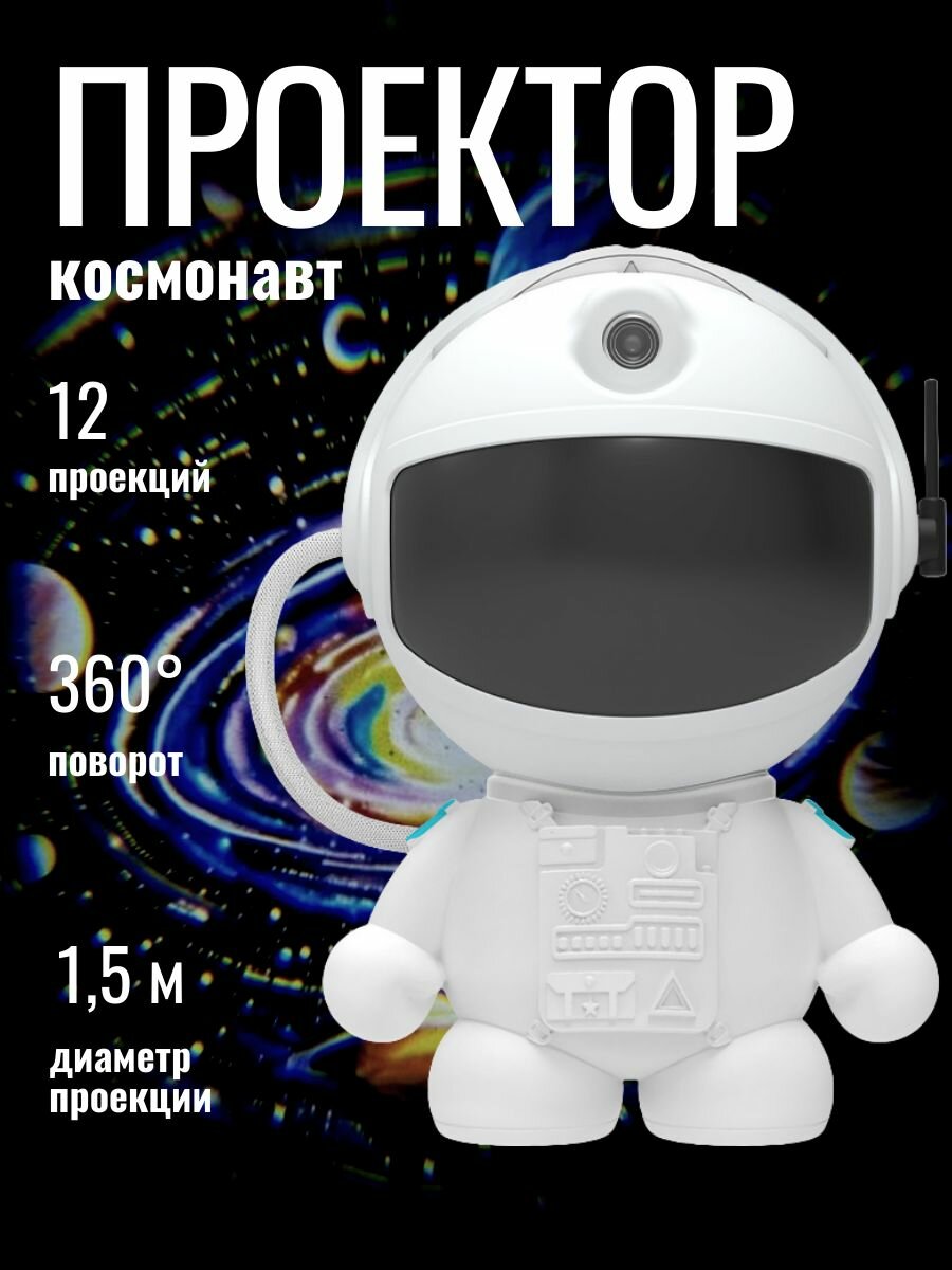Мини проектор Космонавт 12 проекций / Галактический светильник ночник 3 сменных картриджа