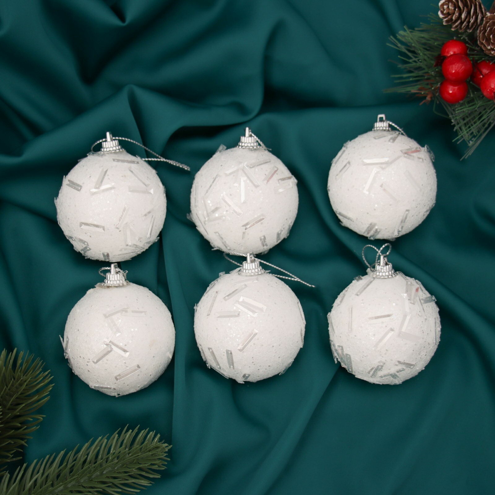 Ёлочные игрушки "Боаз", шары новогодние, d=6 см, набор 6 шт, белый