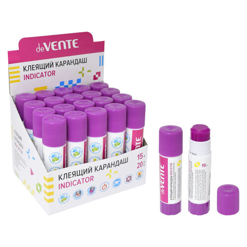 Клей-карандаш deVente "Indicator", 15гр, фиолетовый, исчезающий, основа PVA, количество: 20 штук
