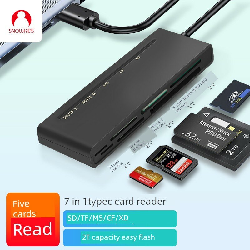 USB-C интерфейс 7-в-1 карт-ридер с двойными слотами SD/TF для камер, ноутбуков и видеорегистраторов