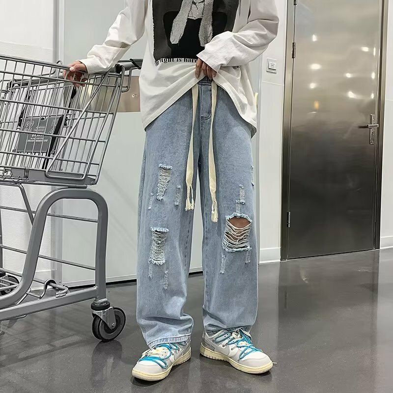 LUO Джинсы Мужские Рваные Летние Тонкие Широкие Ноги Кроп Деним, Размер_L