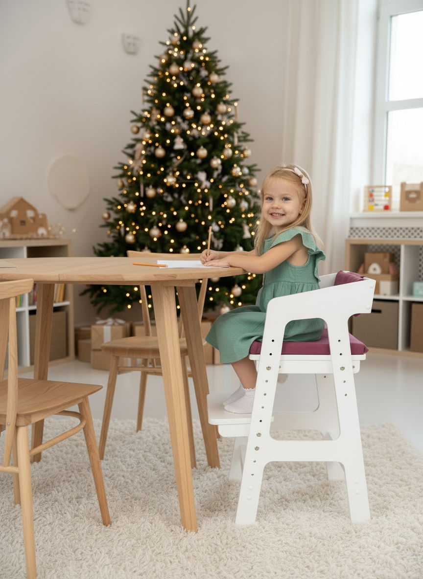 Растущий стул с подлокотниками PAPPADO для детей и школьников, белый с бордовыми подушками