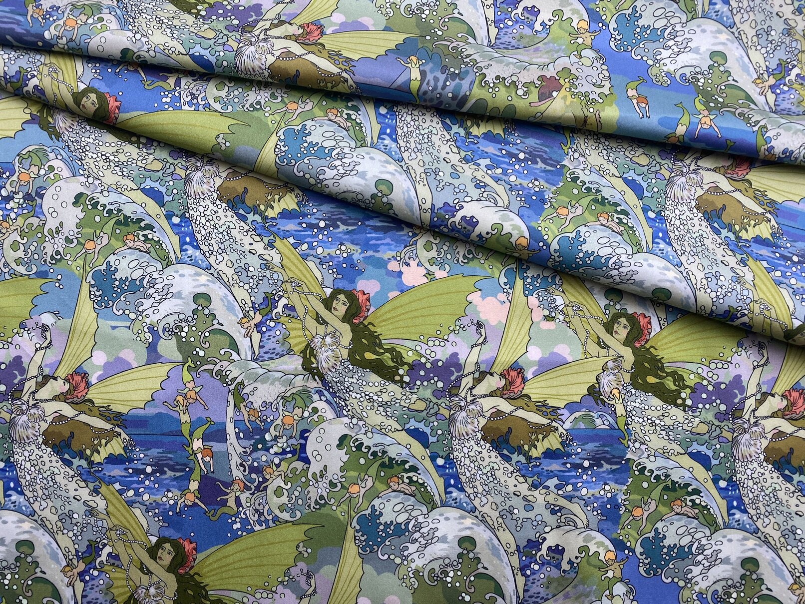 Ткань Хлопок голубого цвета с принтом русалки 14440