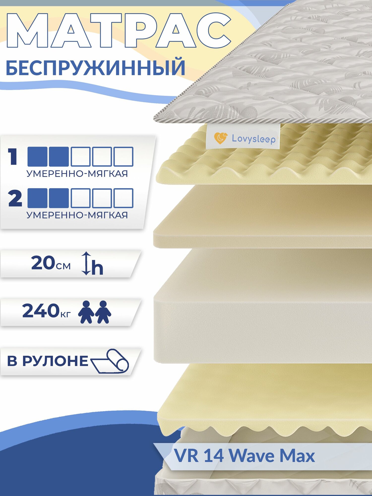 Матрас VR 14 Wave Max 140х185 см, беспружинный, 20 см, двуспальный, двусторонний, умеренно-мягкий, в рулоне