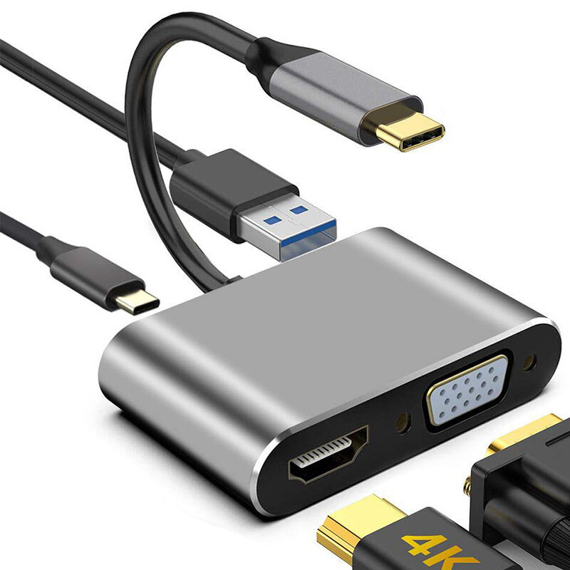 Хаб USB Type-C с HDMI для ноутбука и смартфона, адаптер расширения портов, конвертер 4K с кабелем