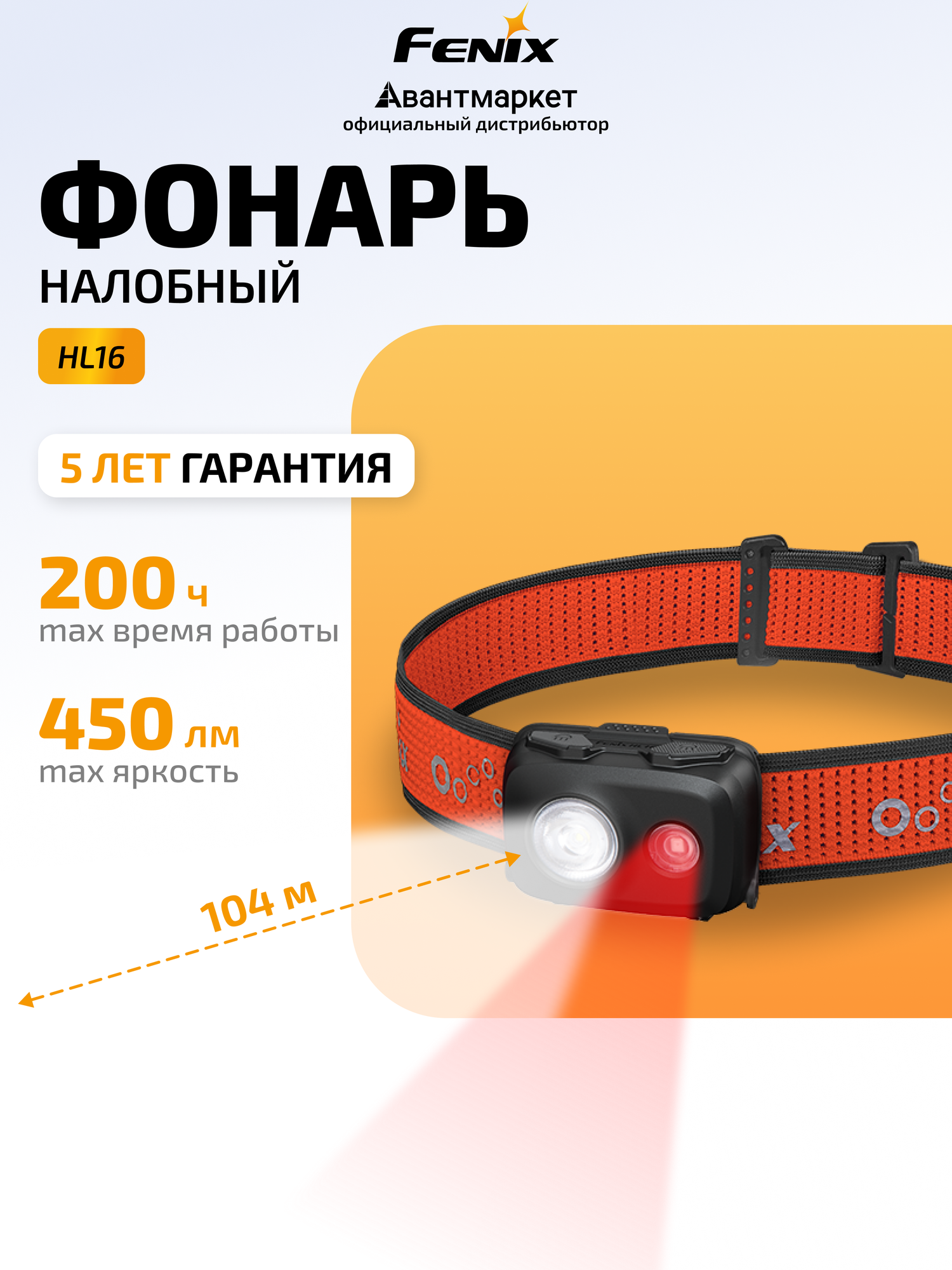 Налобный Фонарь Fenix HL16 ULTRA LIGHT, 450 люмен, 6 режимов, чёрный