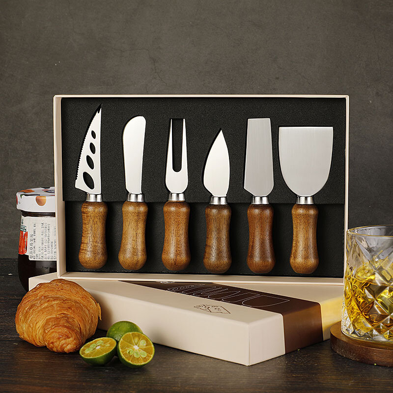 Набор ножей для сыра из нержавеющей стали с ручкой из акации, нож для джема и масла, лопатка, подарочная коробка, набор ножей и вилок для сыра