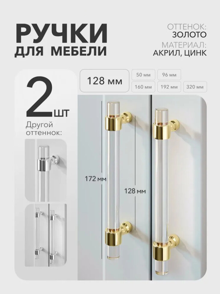Ручки для мебели прозрачные 128мм 2шт-