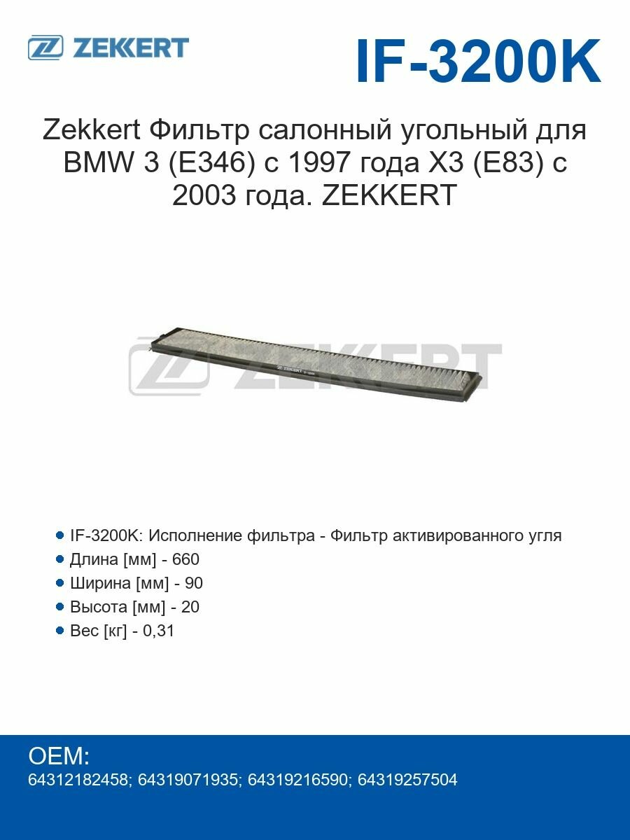 Zekkert Фильтр салонный угольный для BMW 3 (E346) с 1997 года X3 (E83) с 2003 года. ZEKKERT
