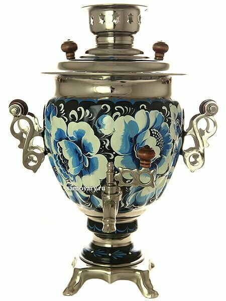 Электрический самовар 3 литра с художественной росписью "Жостово на синем фоне"