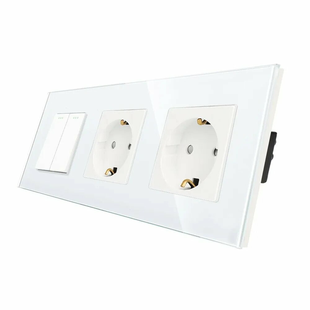 Проходной Выключатель механический с розеткой, 2 клавиша 2 розетки, 3 поста (M1+2F), рамка стекло 228х86мм, цвет белый