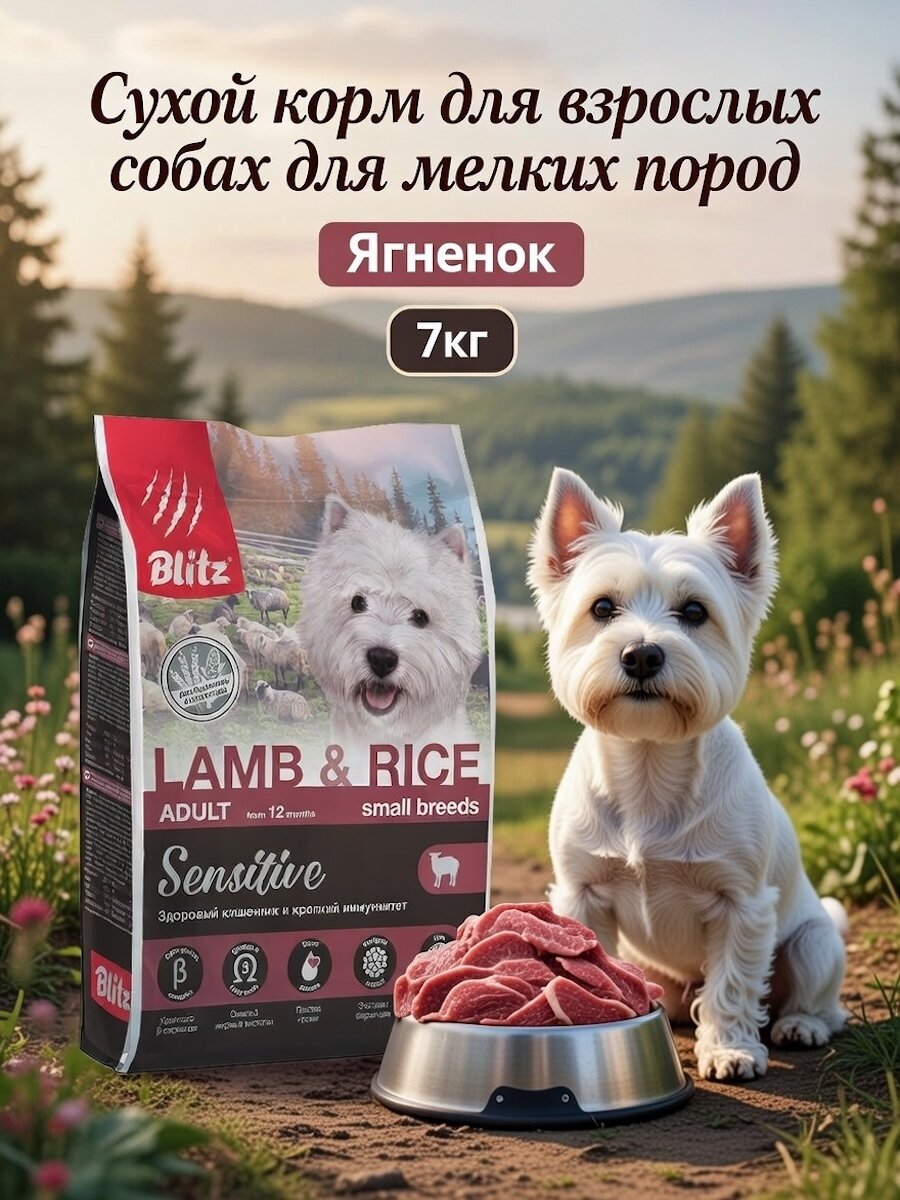 Сухой корм для собак Blitz Sensitive Small Breeds Lamb & Rice для мелких пород, ягненок с рисом, 7 кг
