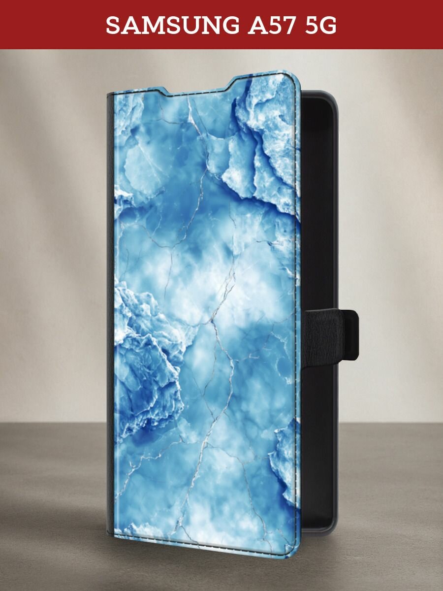 Чехол-книжка на Samsung Galaxy A57 5G / Самсунг Галакси А57 5G с принтом Голубой мраморный фон, черный