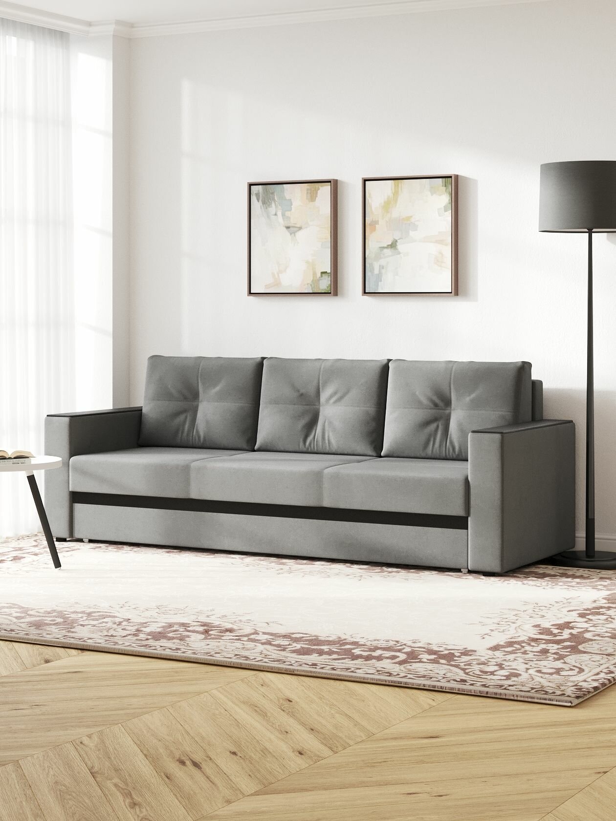 Прямой диван-кровать Лила раскладной, еврокнижка, с коробом для хранения, со съемными подушками, 143х195 см спальное место, Серый, велюр