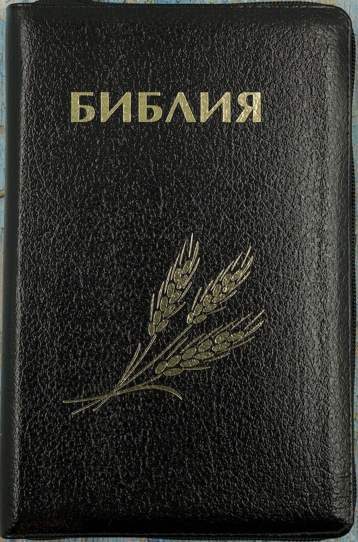Библия 056 ZTI. Дизайн "колос", черная, кожаный переплет, молния, золотой обрез, индексы, параллельные места, крупный шрифт, синодальный перевод /220х140/