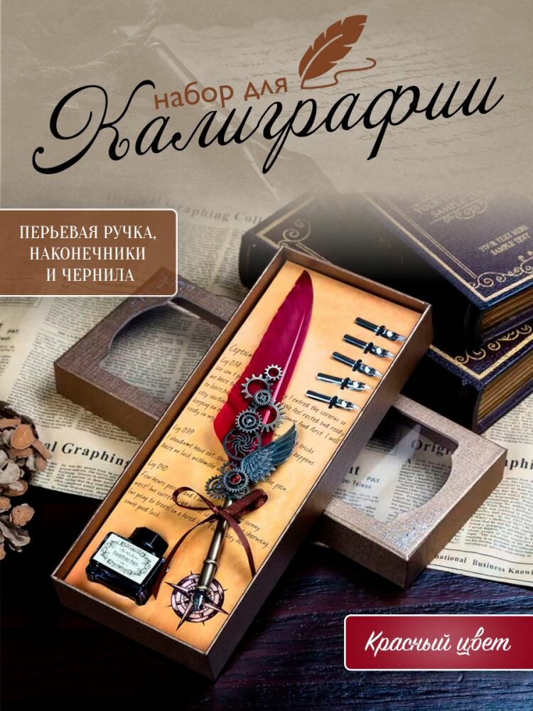 Набор для каллиграфии, перьевая ручка, 5 перьев и чернила для письма /красный/