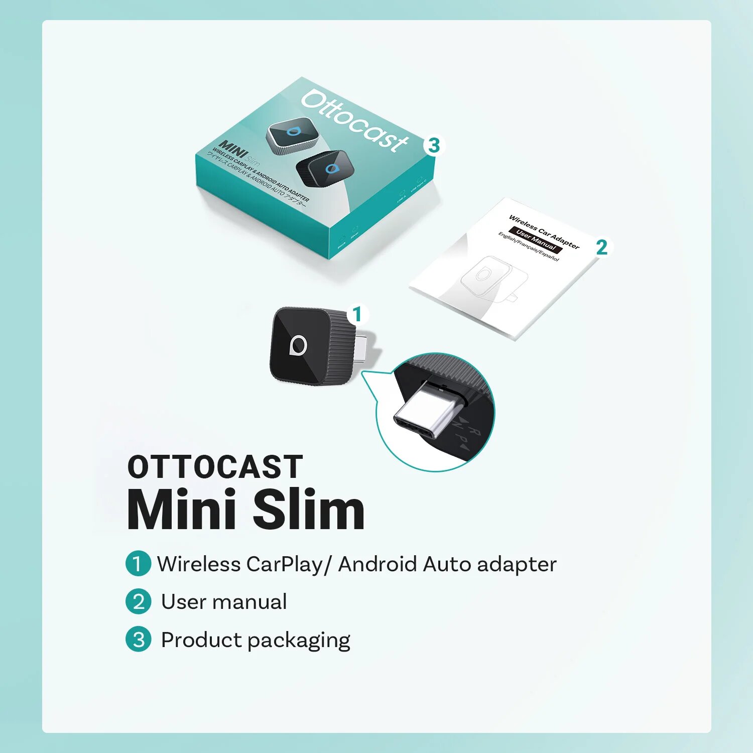 Ottocast Mini Slim, Black, Wireless CarPlay/Android Auto адаптер Type C to C
