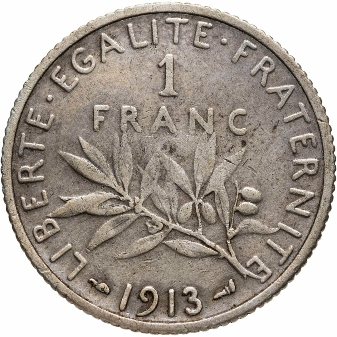 Франция 1 франк franc 1913, Серебро 835, в сохранности VF
