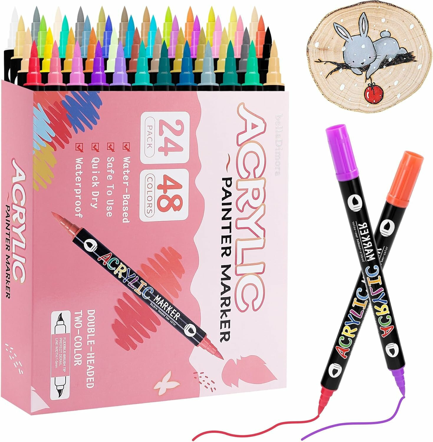 48 Colors Fabric Markers, Paint Pens Acrylic Markers Set, 24 pcs Dual Brush Tip & Two Colors Acrylic Paint Pens, Waterproof, Quick Dry for Clothing Glass, Rock Painting, Wood, DIY Crafts