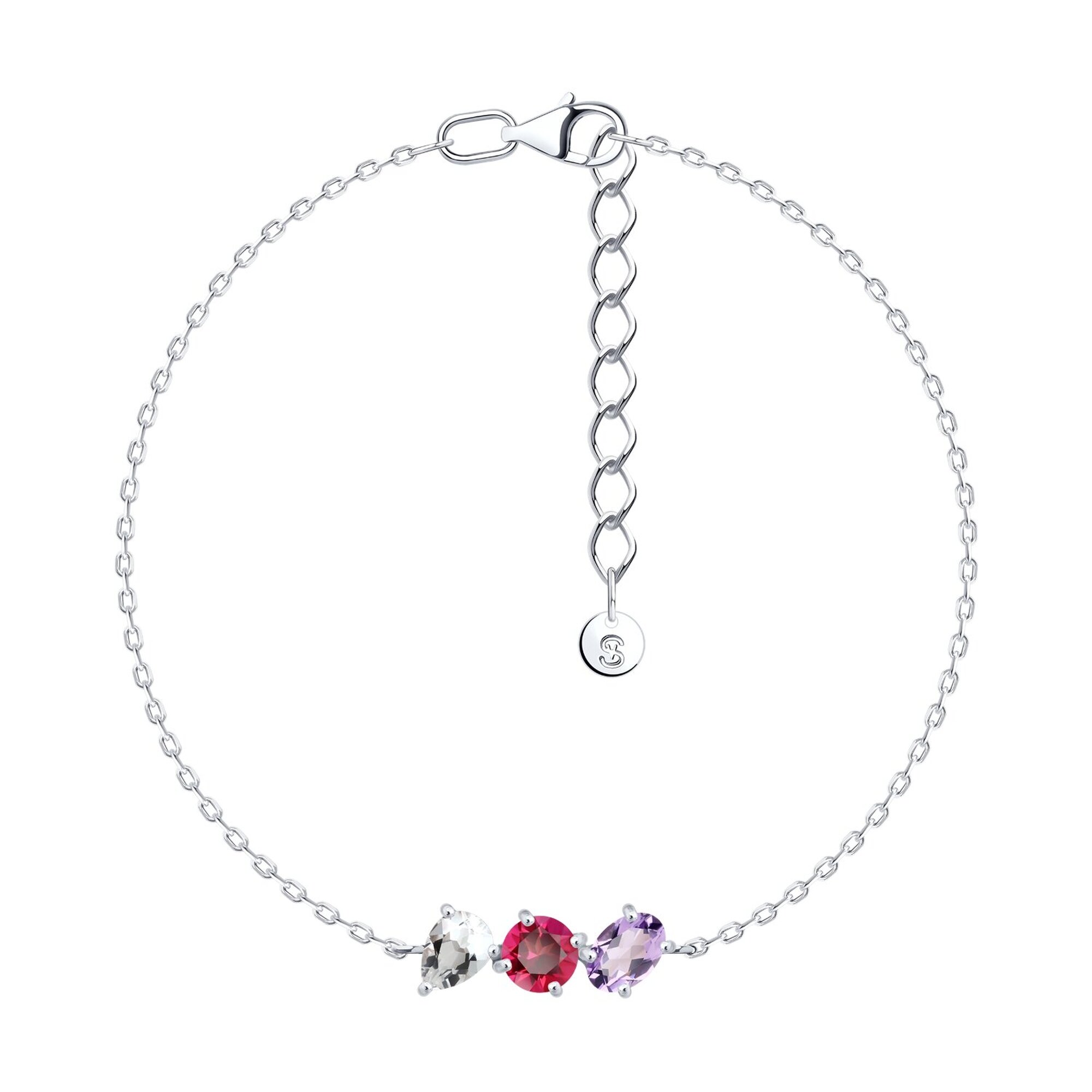 Браслет, серебро, 925 проба, родирование, горный хрусталь, аметист, топаз