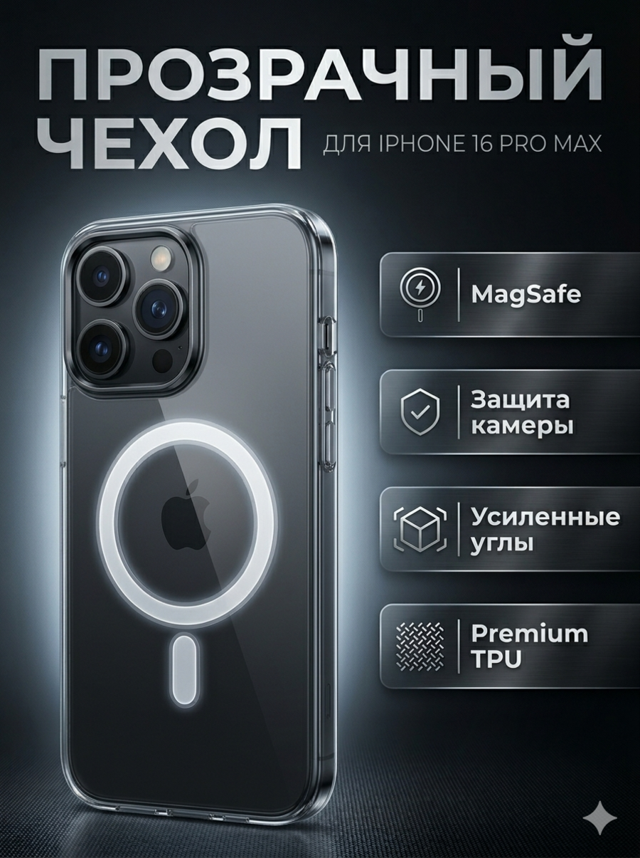 Чехол с магнитным креплением для беспроводной зарядки Магсейф на Iphone 16 Pro Max, противоударный, прозрачный