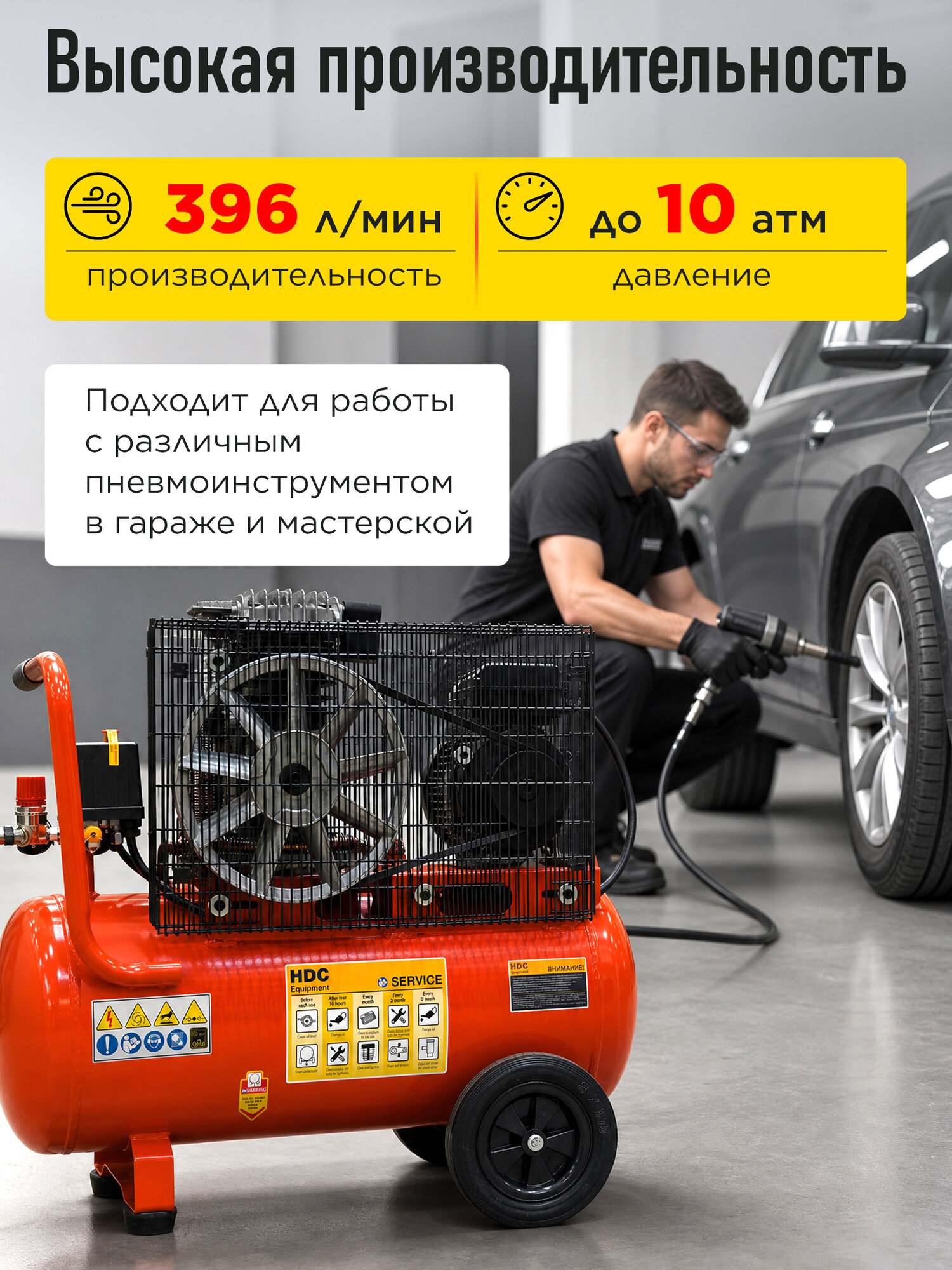 Масляный компрессор HDC HD-A051 поршневой, электрический, 220В, 2,2кВт, 396л/мин — фото 1