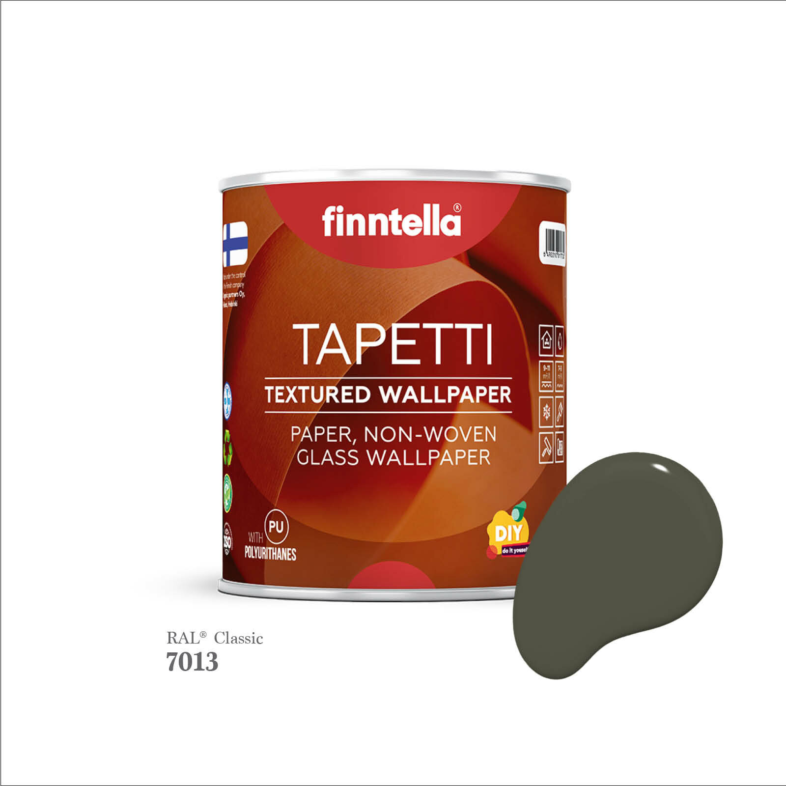 Шелковисто-матовая краска для обоев под окраску TAPETTI SILKKI Matta FINNTELLA, Цвет RAL 7013 Коричнево-серый (Brown grey), 0,9л