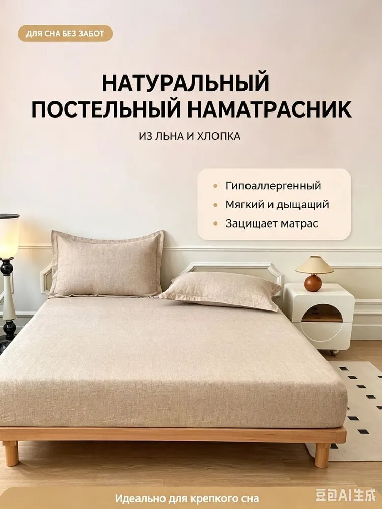 Простыня на резинке 150x200 см лён, бежевый