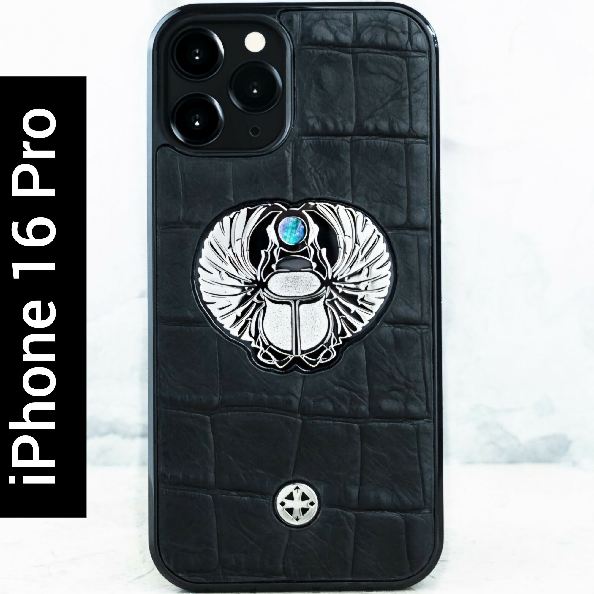 Чехол iPhone 16 Pro / Euphoria HM Scarabaeus CROC Leather - натуральная кожа, жук скарабей, металл