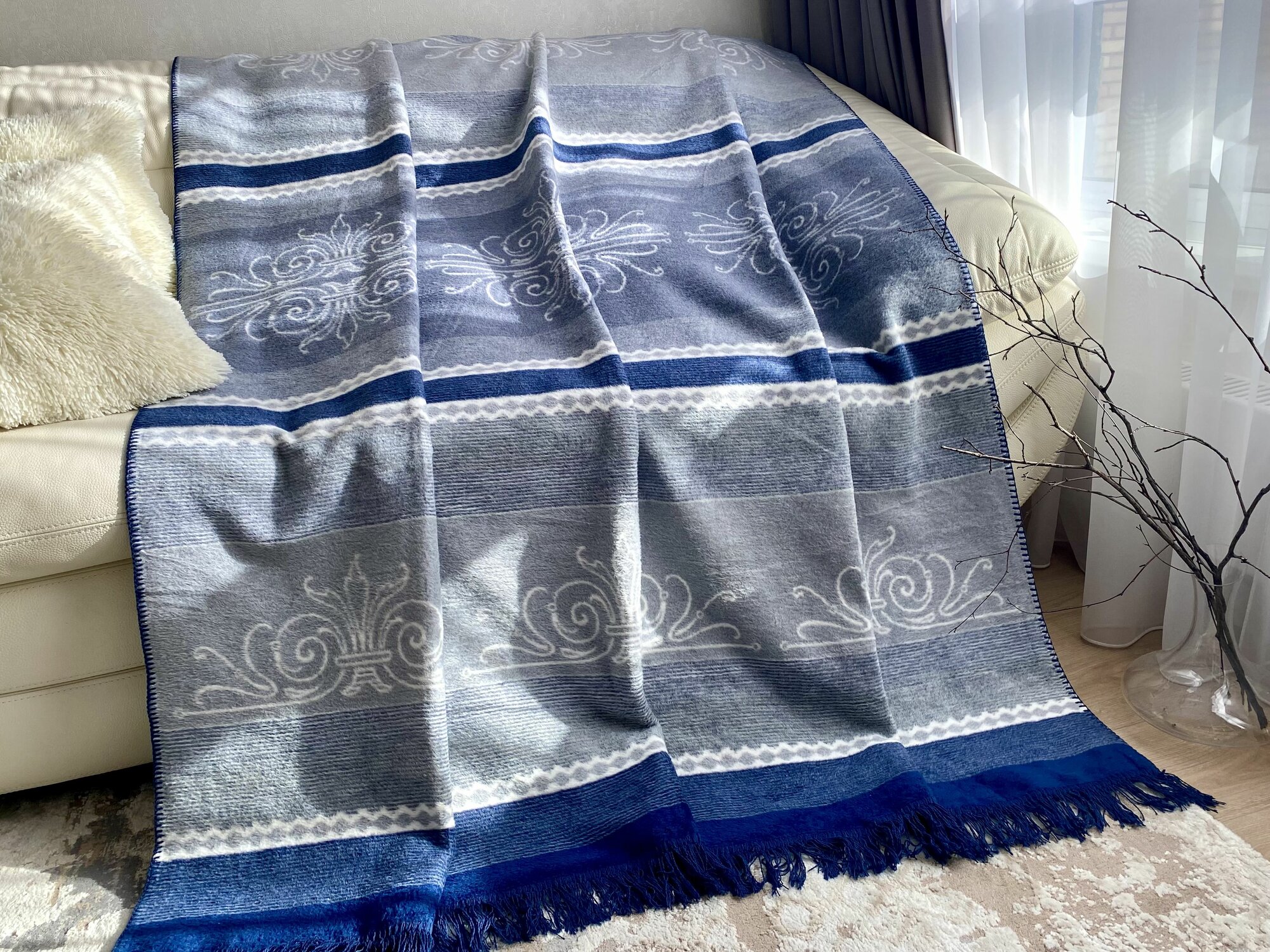 Плед Rajtex, Орнамент серый-синий, Хлопок, 150x200 см