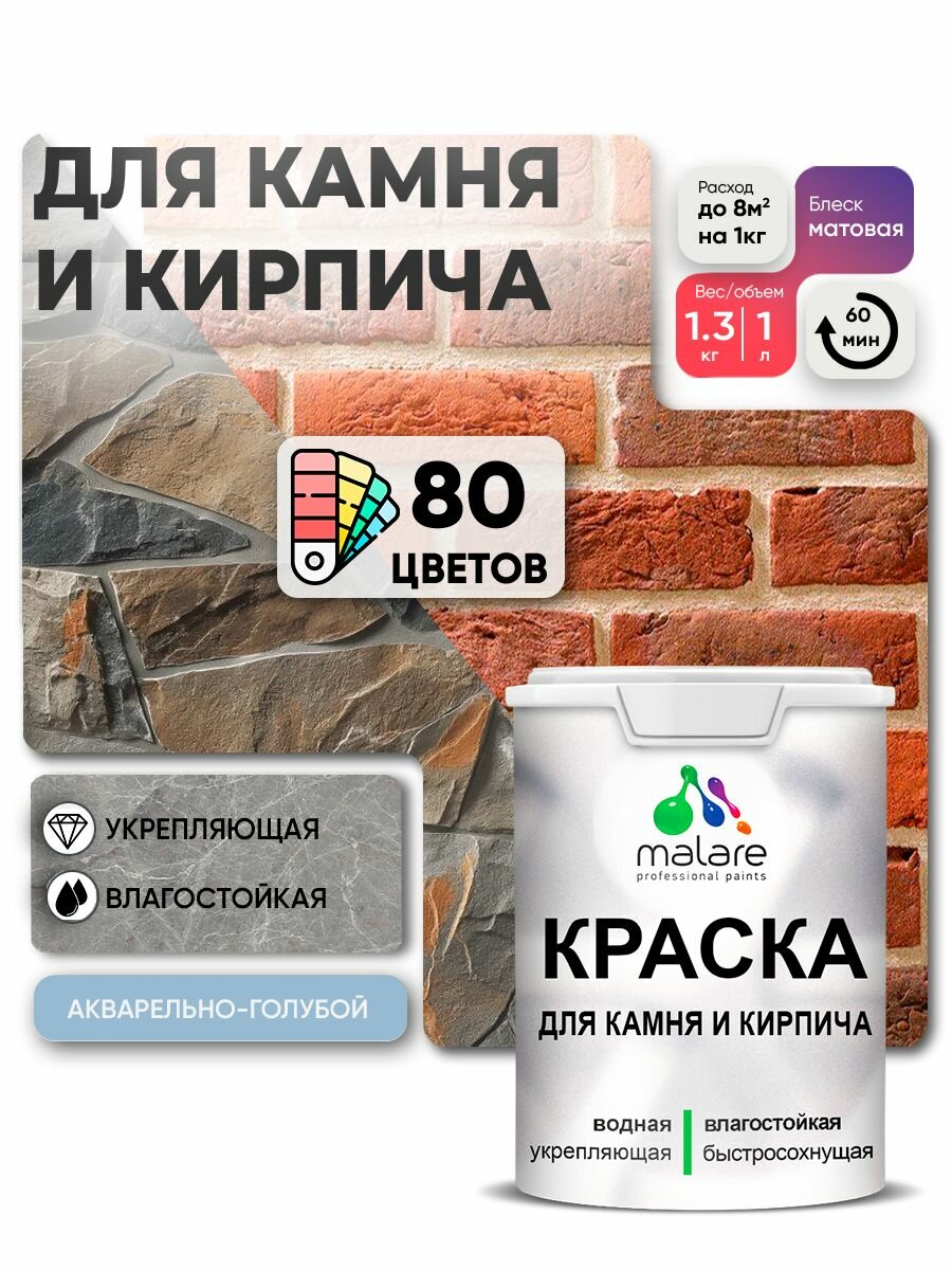 Краска Malare для камня и кирпича, по бетону и штукатурке, для минеральных поверхностей, без запаха, матовая, акварельно-голубой, (1л - 1,3кг).