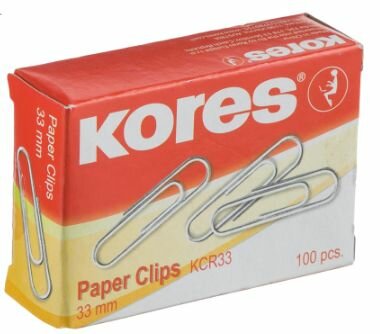 KORES Скрепки с отгибом, никелированные, 33 мм, негофрированные,100шт/уп