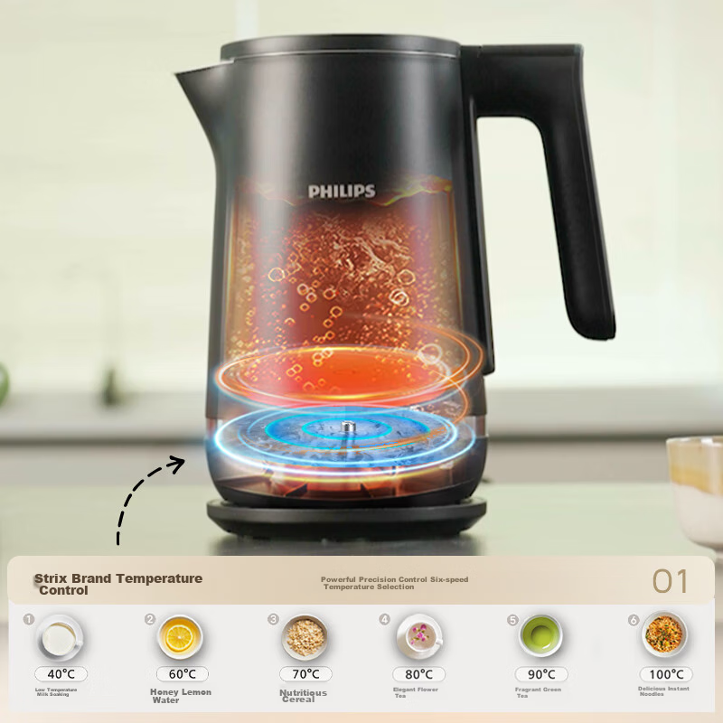 Philips [National Subsidy] Electric Kettle, Precise Temperature Control Water Boiler, Food-Grade 304 Stainless Steel, 1.7L Household High-Power Double-Layer Temperature Control, Anti-Scalding, Anti-Dry Burning Protection HD9396