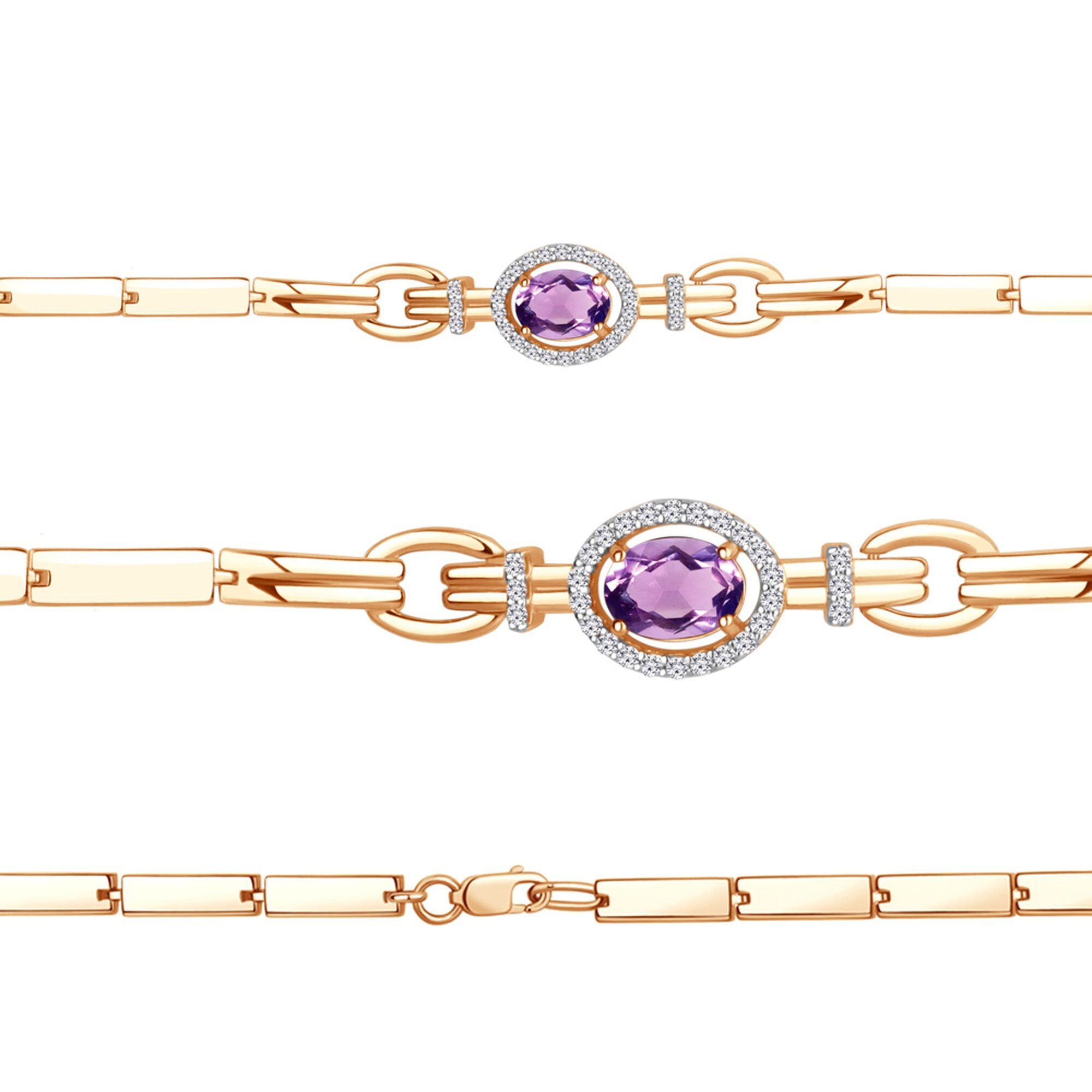 Браслет, серебро, 925 проба, золочение, аметист, фианит