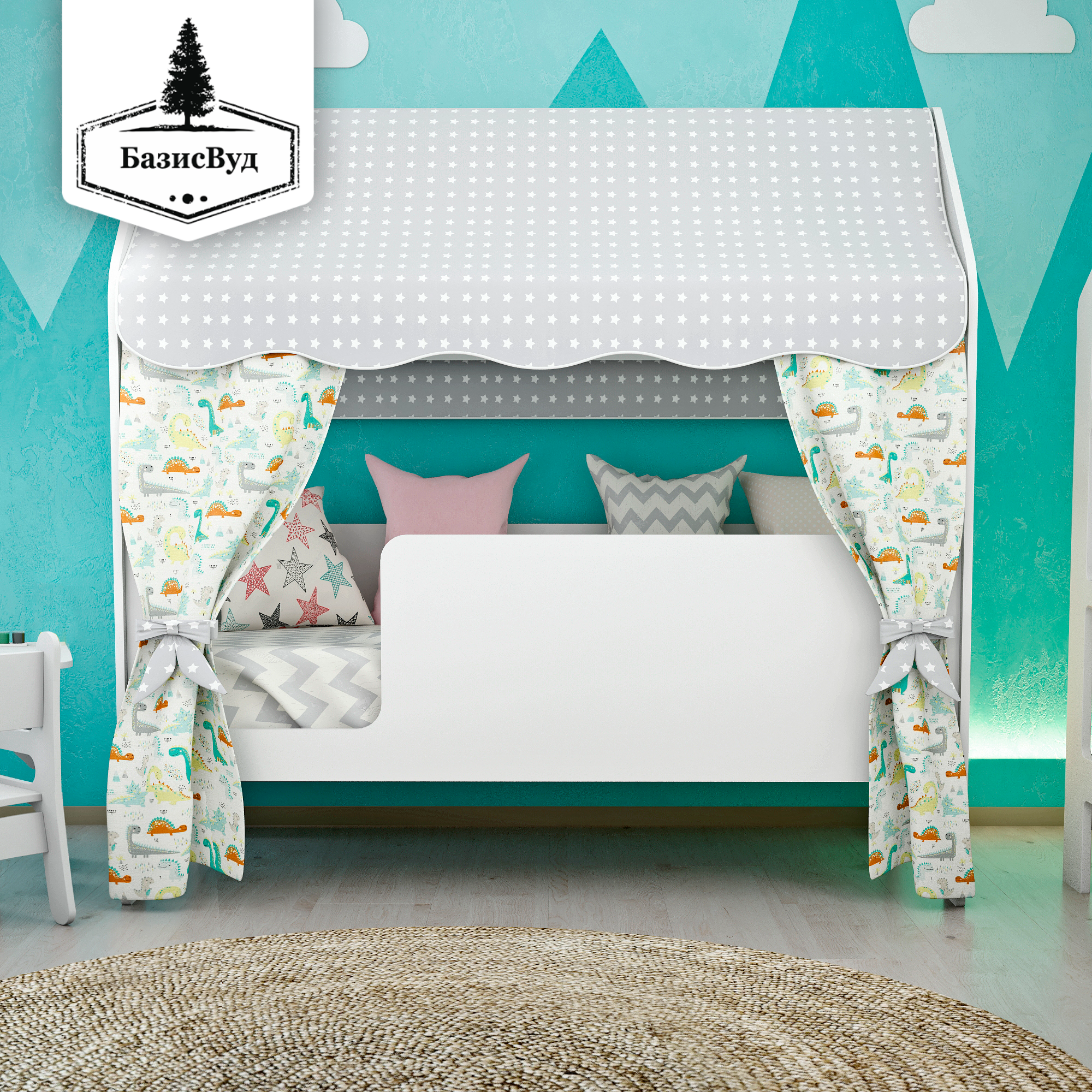 Кровать детская-домик с бортиком под матрас 160х80, БазисВуд "Сладкий сон" с текстилем (серый, с динозавриками), вход универсальный