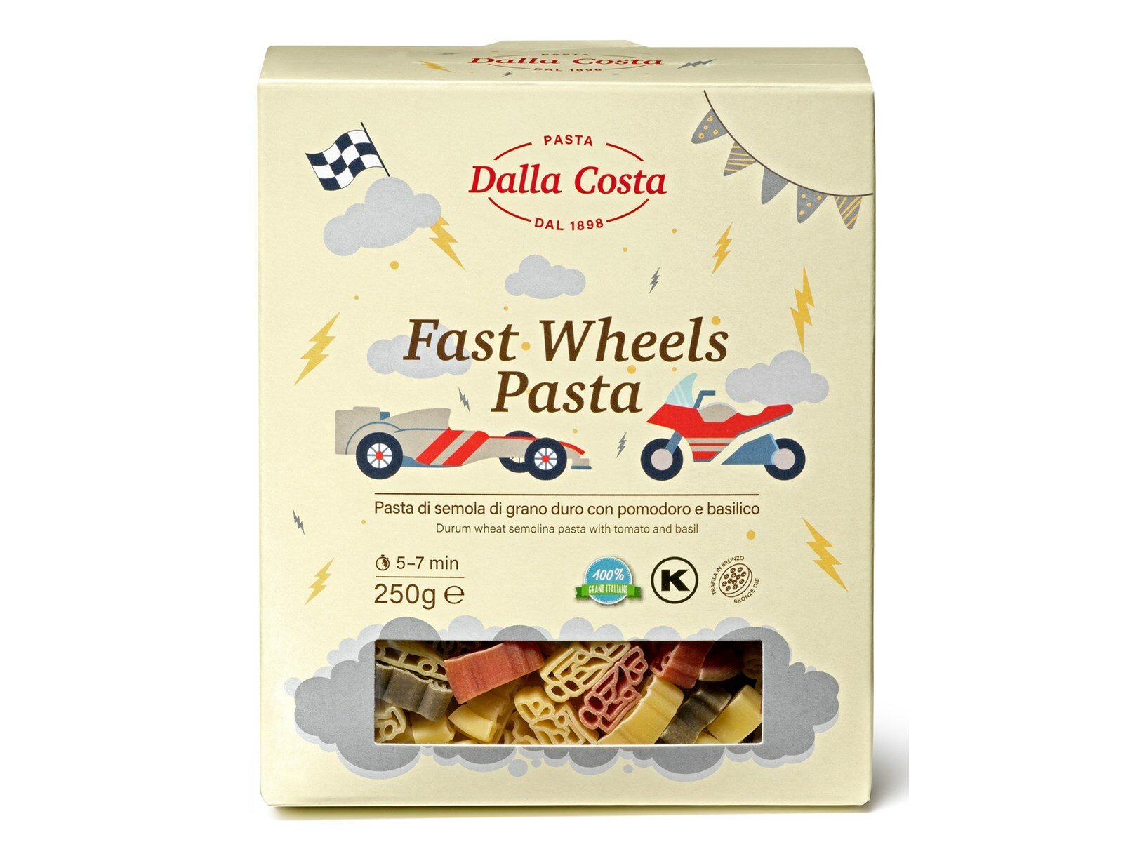 Макароны фигурные детские Dalla Costa Fast Wheels Pasta с томатами и базиликом, 250г