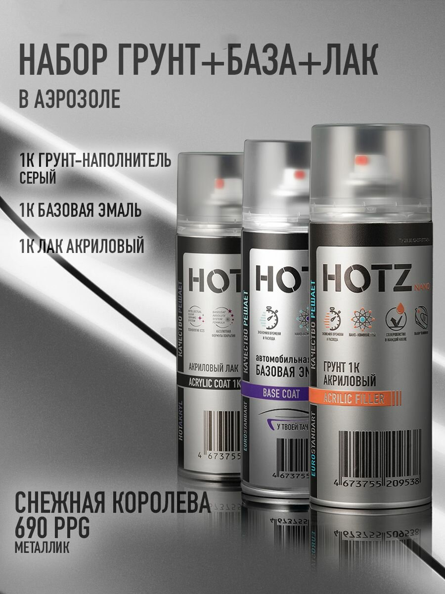 Комплект Аэрозольный "Снежная королева PPG 690" 1K: Акриловый грунт Светло-серый 520мл + Акриловый лак 520мл + Автоэмаль 520мл