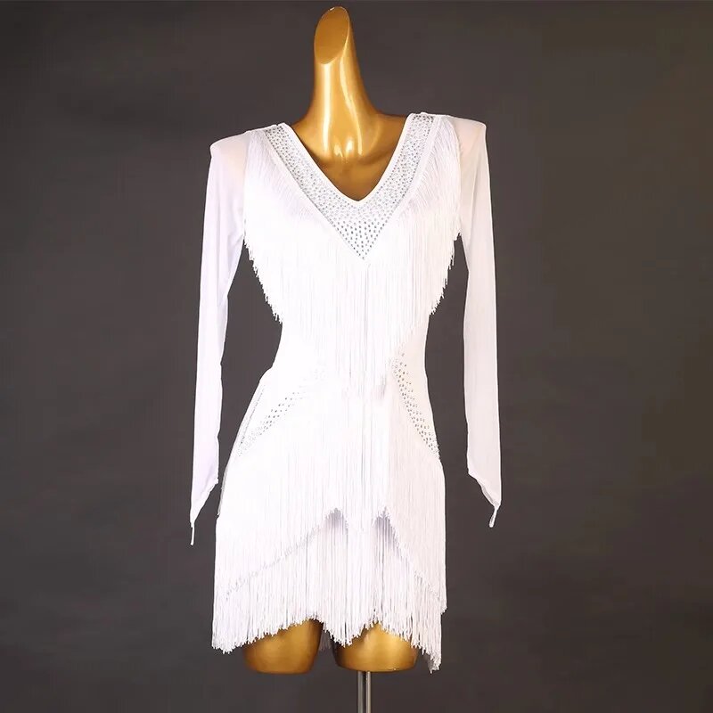 Топ для танцев вечернее платье женское платья латина леопардовое фигурного катания боди девочки латины танца юбка костюм живота бальные танцы одежда комбинезон с бахромой бальных открытой спиной женская pole dance Белый, M, White Dress