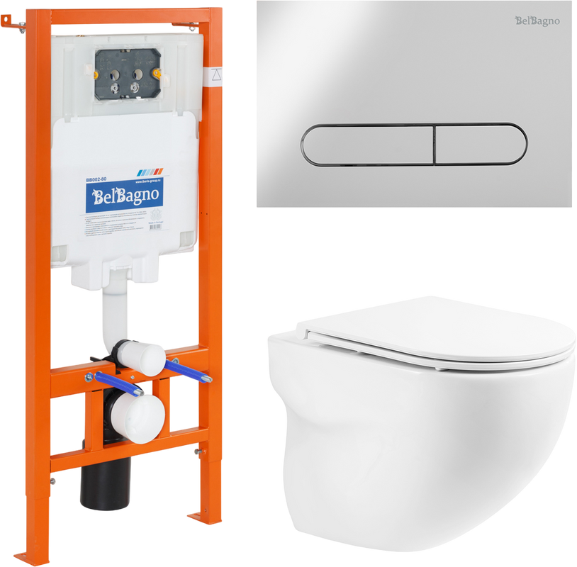 Комплект Унитаз подвесной BelBagno Onda BB066CHR безободковый, крышка BB870SC + Инсталляция BB002-80 с кнопкой BB005-PR-CHROME