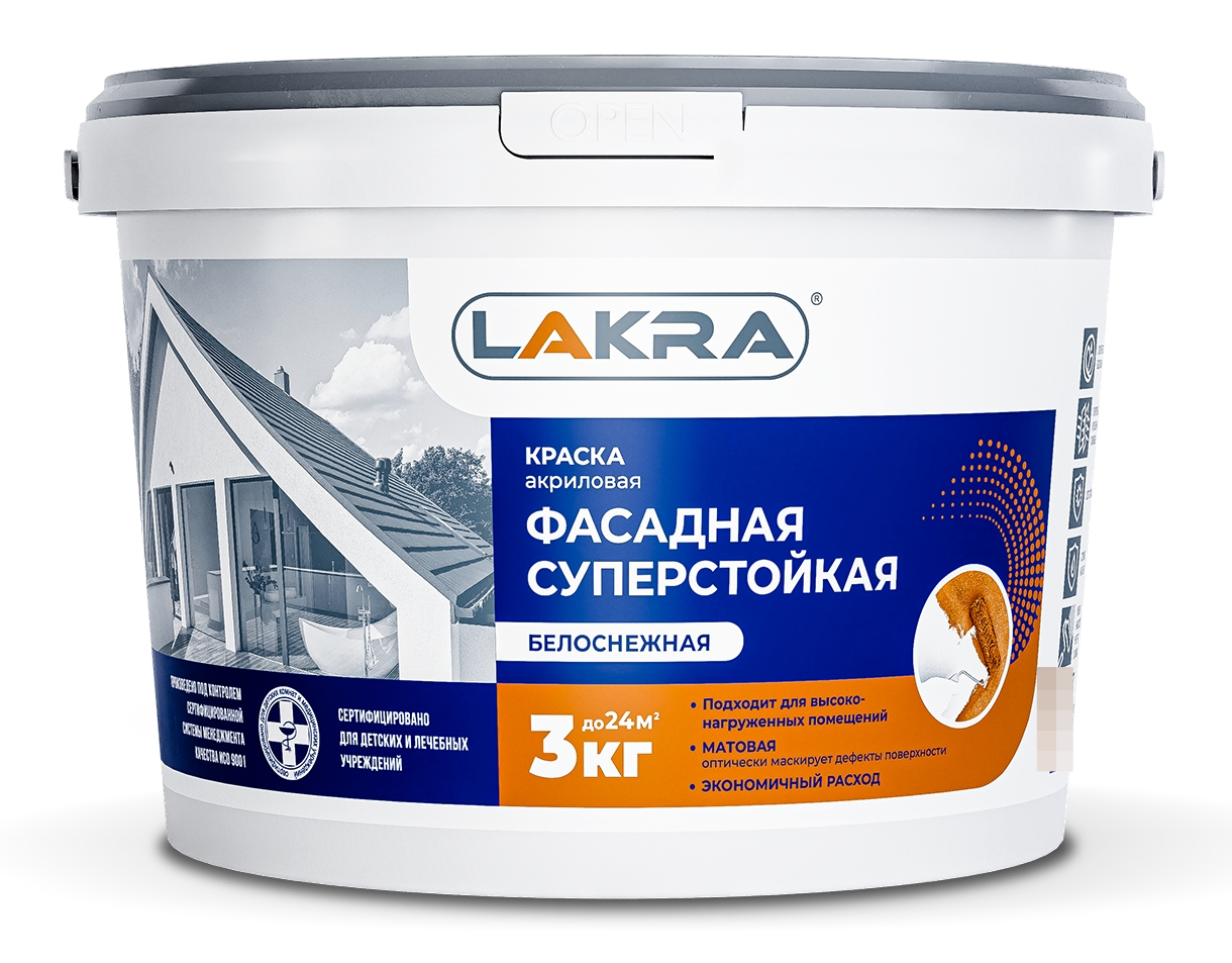 Фасадная краска Лакра база А суперстойкая акриловая, белоснежная/матовая, 3кг / лакокрасочные материалы