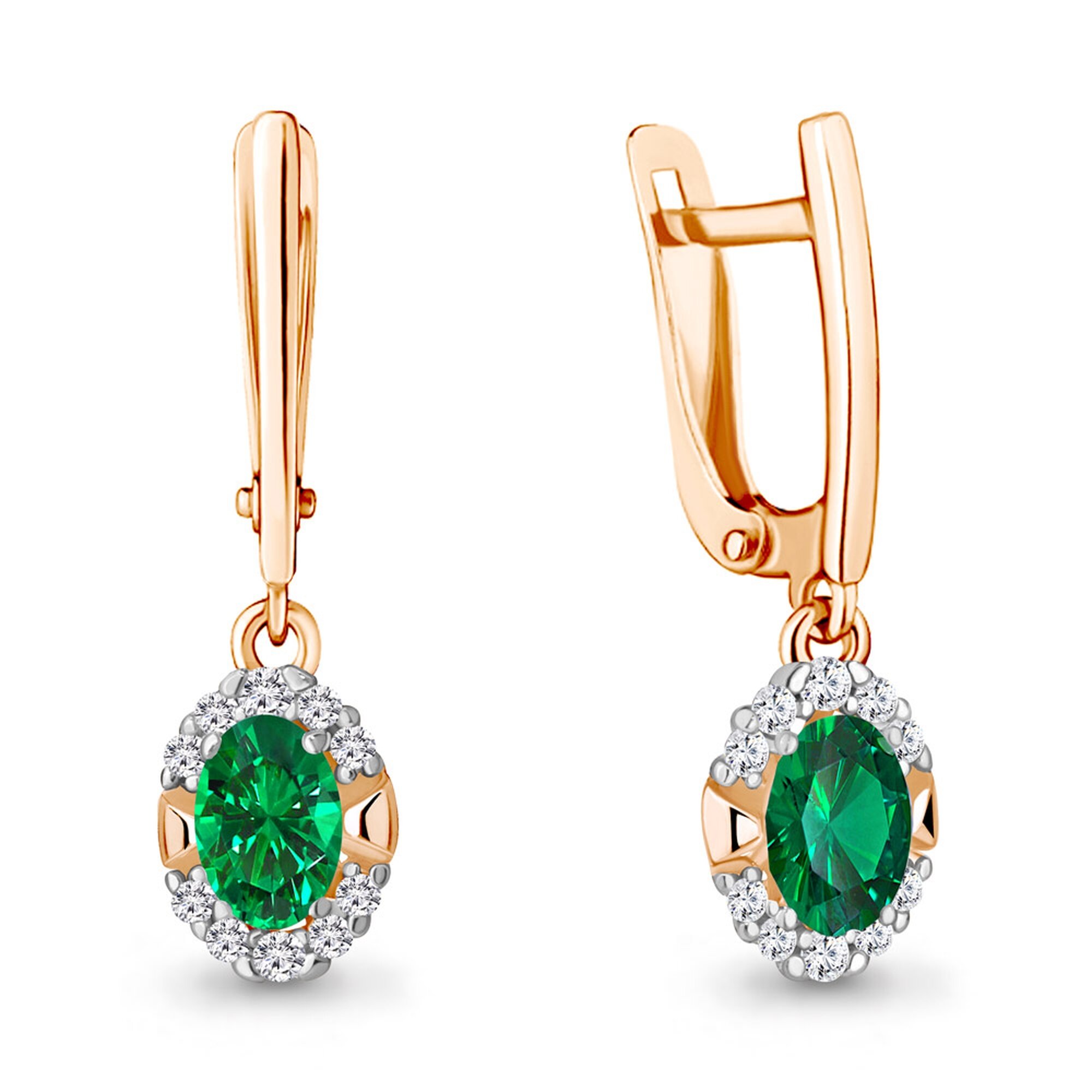 Серьги, серебро, 925 проба, золочение, изумруд синтетический, фианит