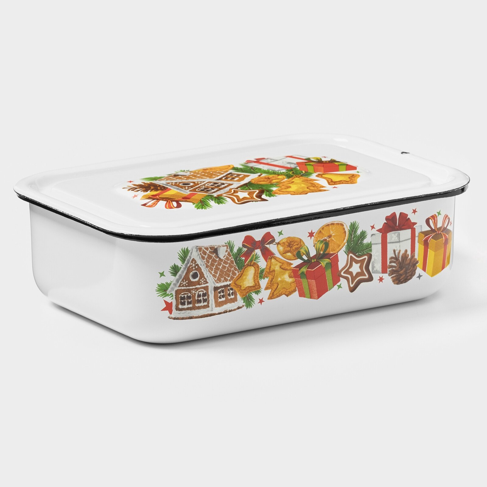 Контейнер, 1.5 л, с крышкой, эмалированная сталь, деколь микс, белый