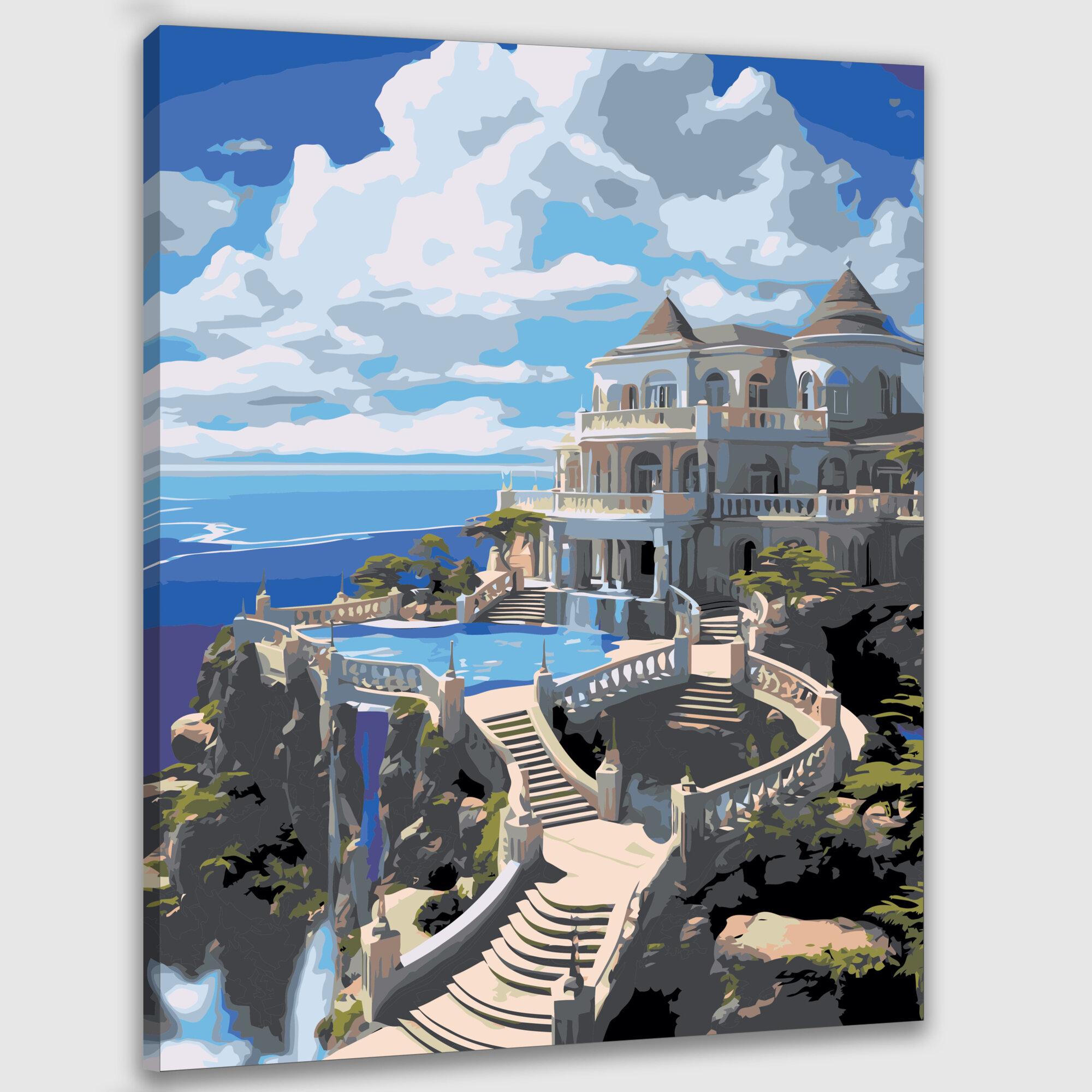 Картина по номерам 40x50 см, роскошный особняк, утес, океан, архитектура, колонны, лестница, вход, небо, облака