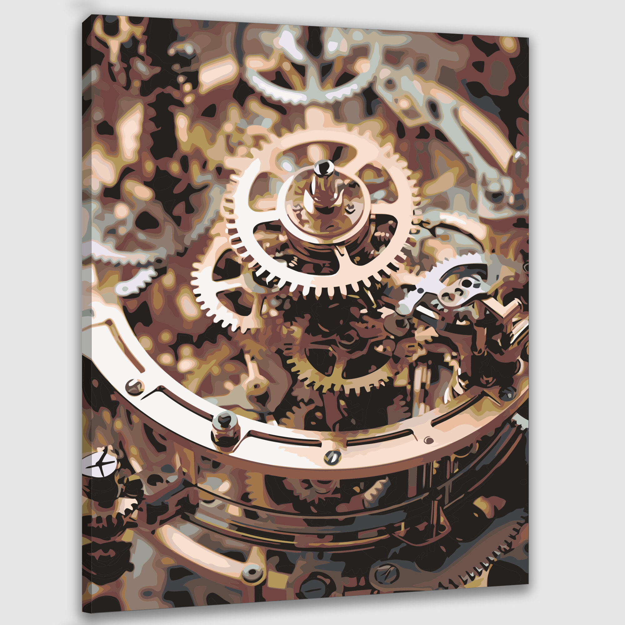 Картина по номерам 40x50 см, Машина хаоса, сложные детали, динамичное движение, шестеренки, рычаги, шкивы, низкий угол